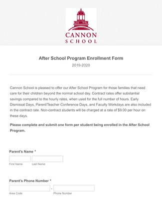 2020-2021 After School Program Enrollment Form Template | Jotform
