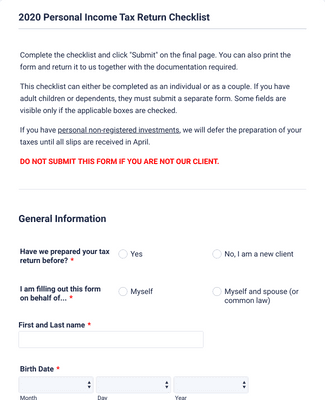 2020 Personal Income Tax Return Checklist Form Template | Jotform