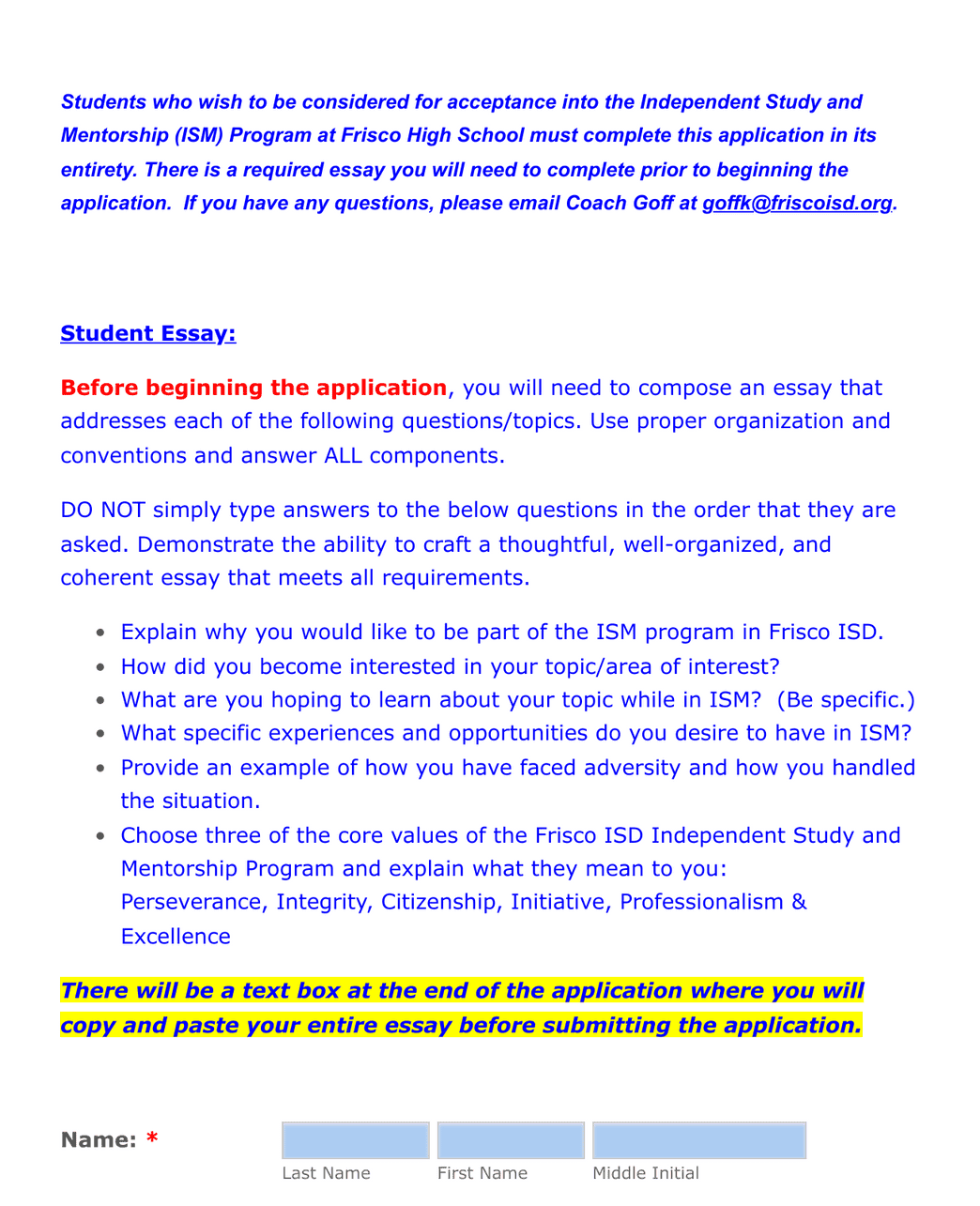 2021-22 Frisco High School ISM 1 Application Form Template | Jotform