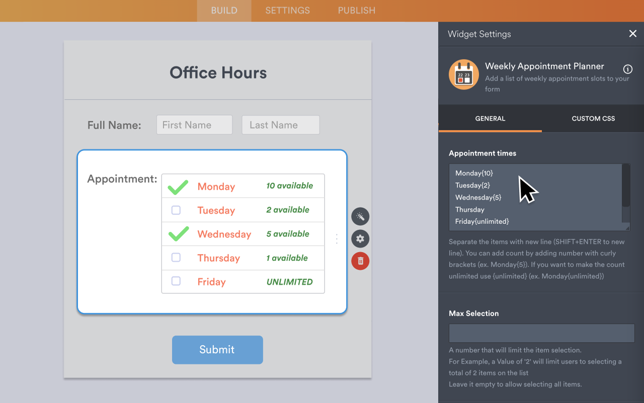 Weekly Appointment Planner - Form Widgets | Jotform