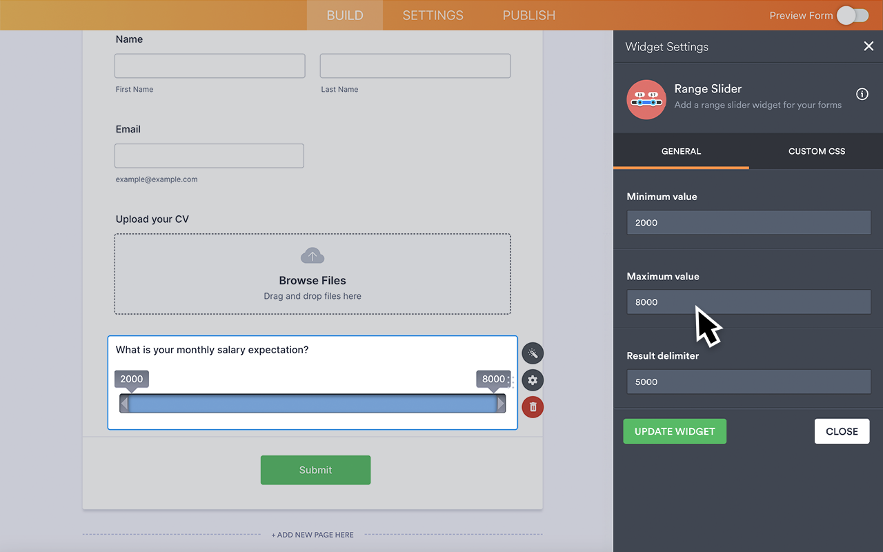 범위 슬라이더 - 양식 위젯 | Jform