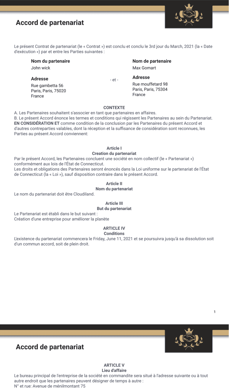 Accord de partenariat - Modèles de PDF | Jotform