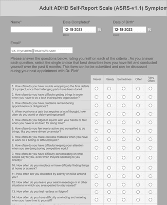 Adult ADHD Self-Report Scale (ASRS-v1.1) Symptom Checklist Form Template | Jotform