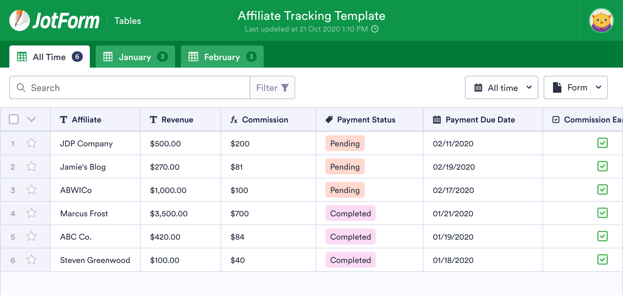 Affiliate Tracking Template | JotForm Tables