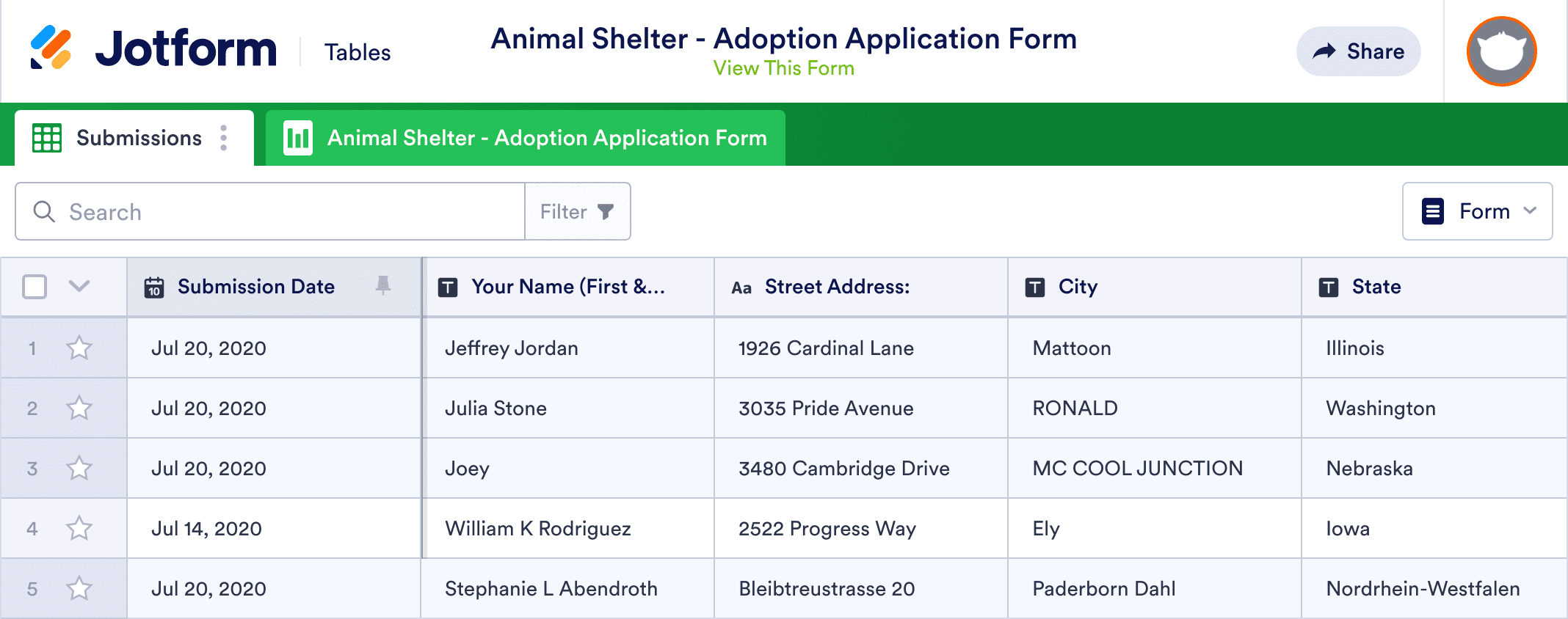 Animal Shelter - Adoption Application Template | Jotform Tables