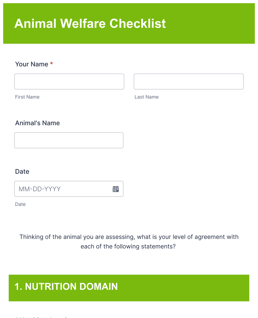 Animal Welfare Checklist Form Template | Jotform