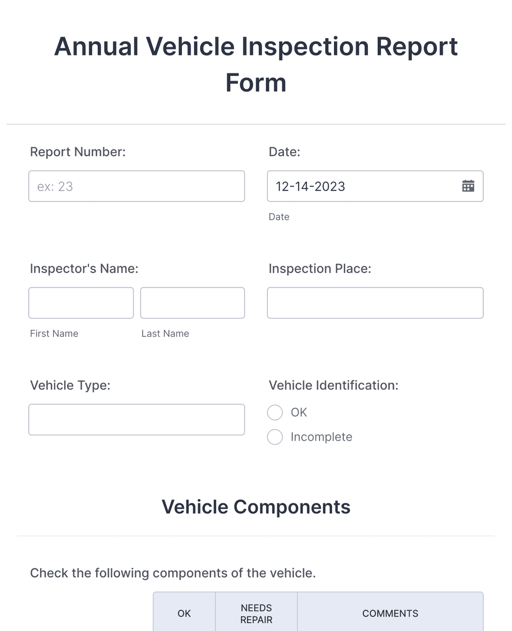 Annual Vehicle Inspection Report Form Template | Jotform