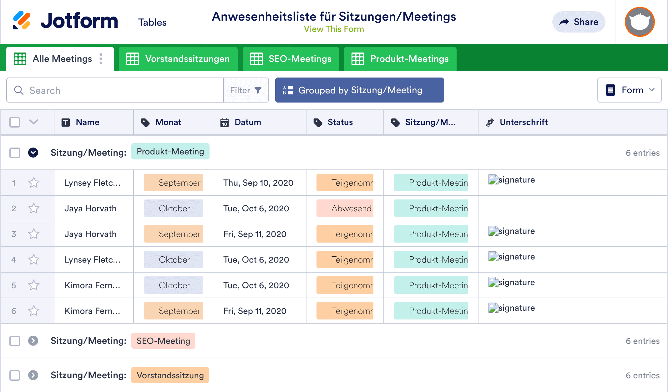 Anwesenheitsliste für Sitzungen/Meetings Vorlage | Jotform Tables
