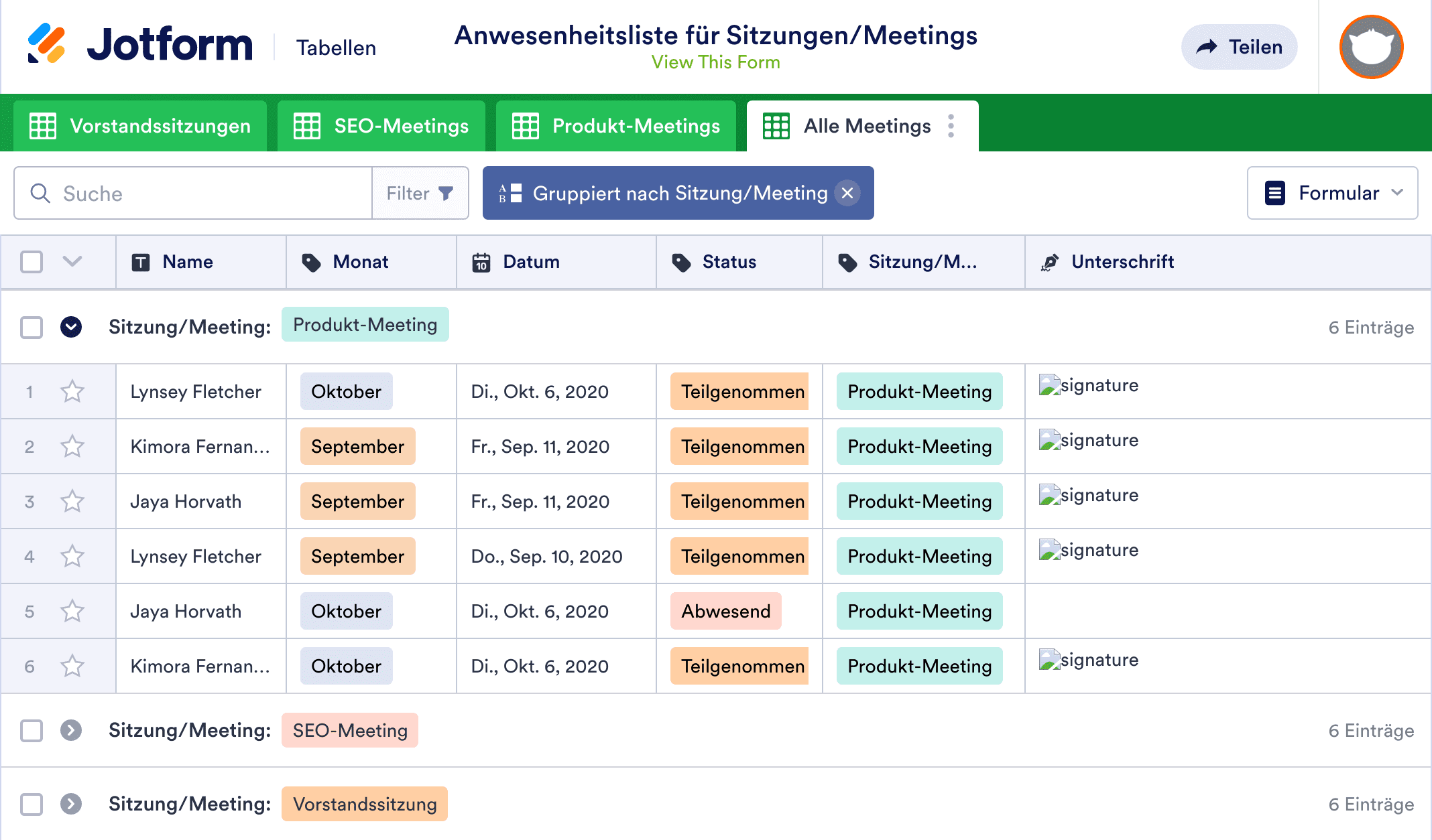 Anwesenheitsliste für Sitzungen/Meetings Vorlage | Jotform Tables