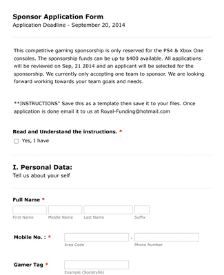 Gaming Sponsorship Application Form Template | Jotform