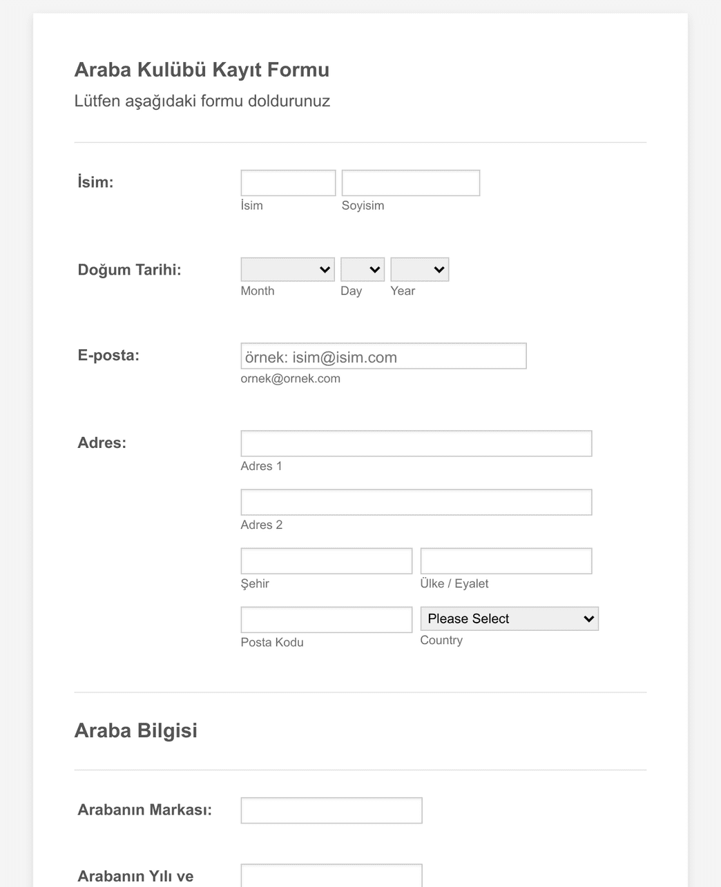 Araba Kulübü Kayıt Form Şablonu | Jotform