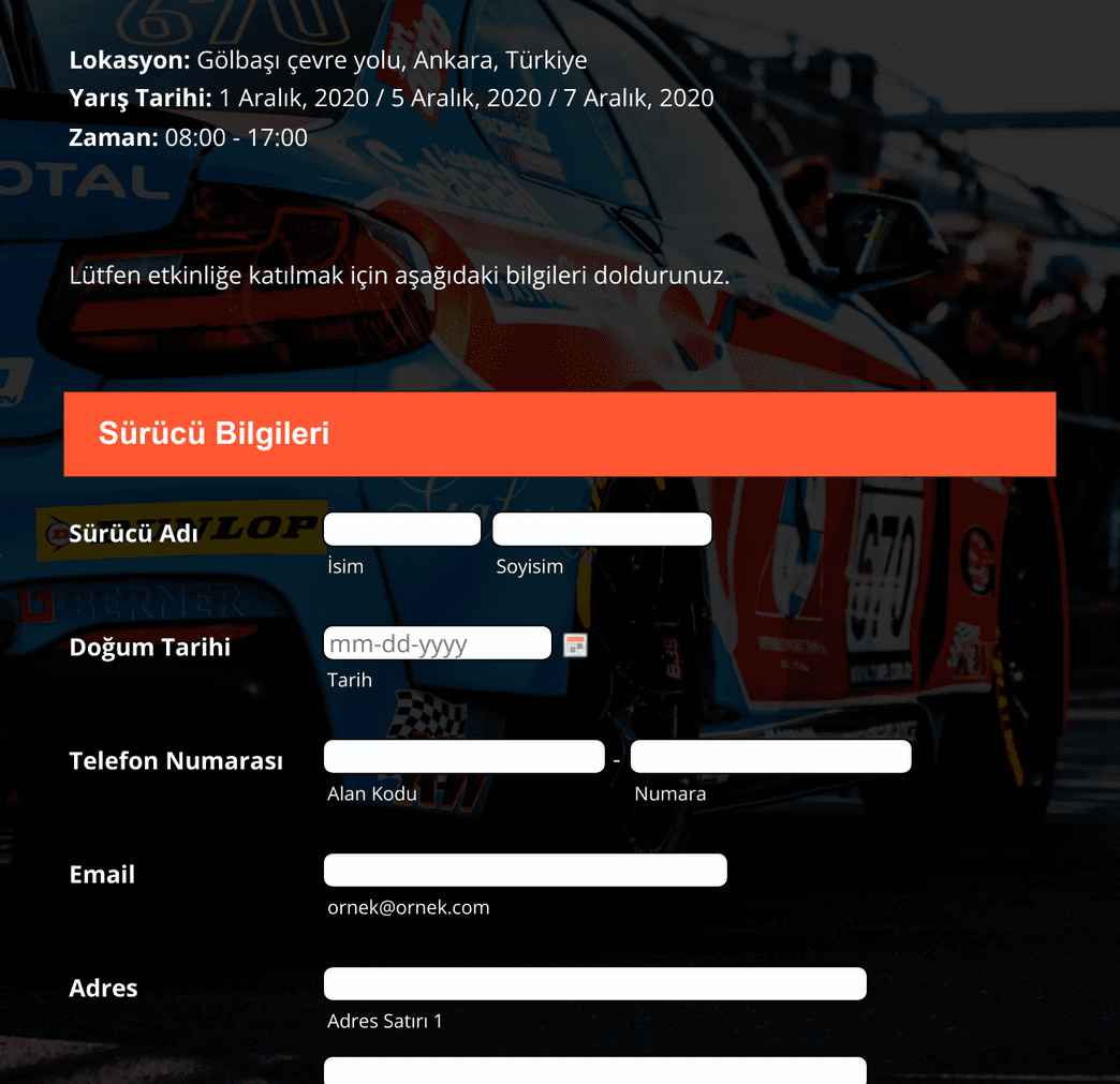 Araba Yarışı Kayıt Form Şablonu | Jotform