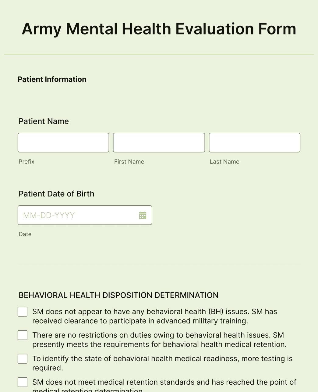 Army Mental Health Evaluation Form Template | Jotform
