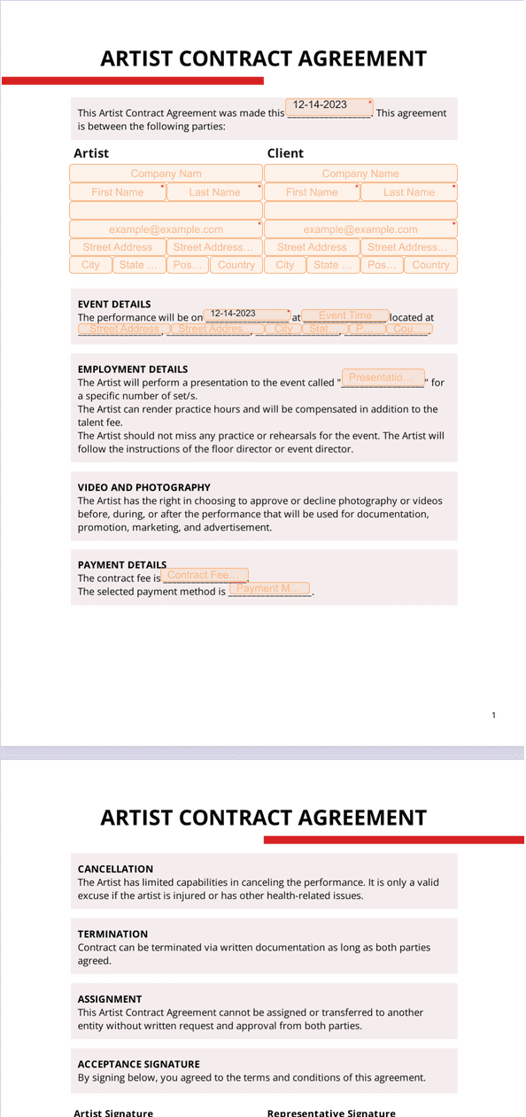 Artist Contract Agreement - Sign Templates | Jotform