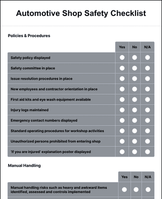 Automotive Shop Safety Checklist Form Template | Jotform
