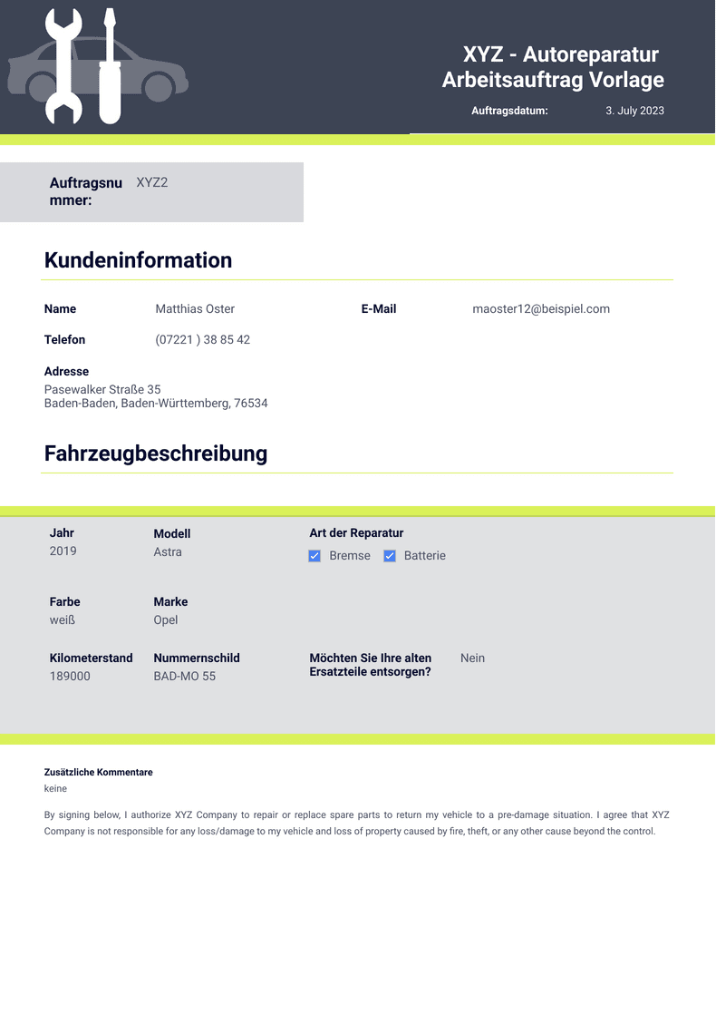 Autoreparatur-Arbeitsauftrag - PDF-Vorlagen | Jotform