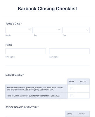 Barback Closing Checklist Form Template | Jotform