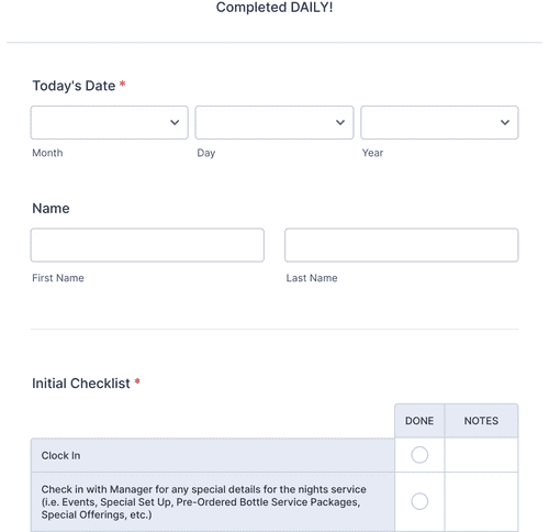 Barback Opening Checklist Form Template | Jotform