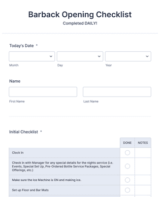 Barback Opening Checklist Form Template | Jotform