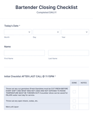 Bartender Closing Checklist Form Template | Jotform