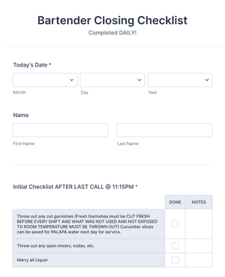 Bartender Closing Checklist Form Template | Jotform