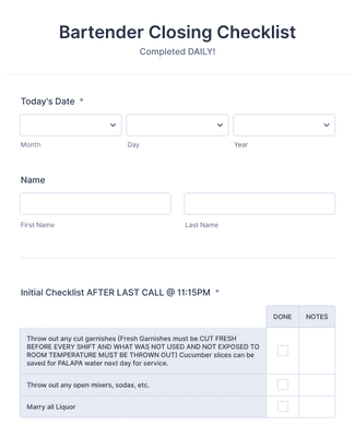 Bartender Closing Checklist Form Template | Jotform