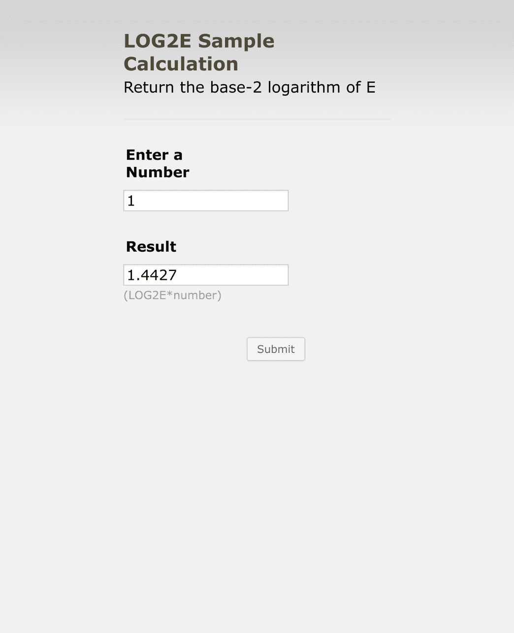Base-2 logarithm of E (LOG2E) Calculation Form Template | Jotform