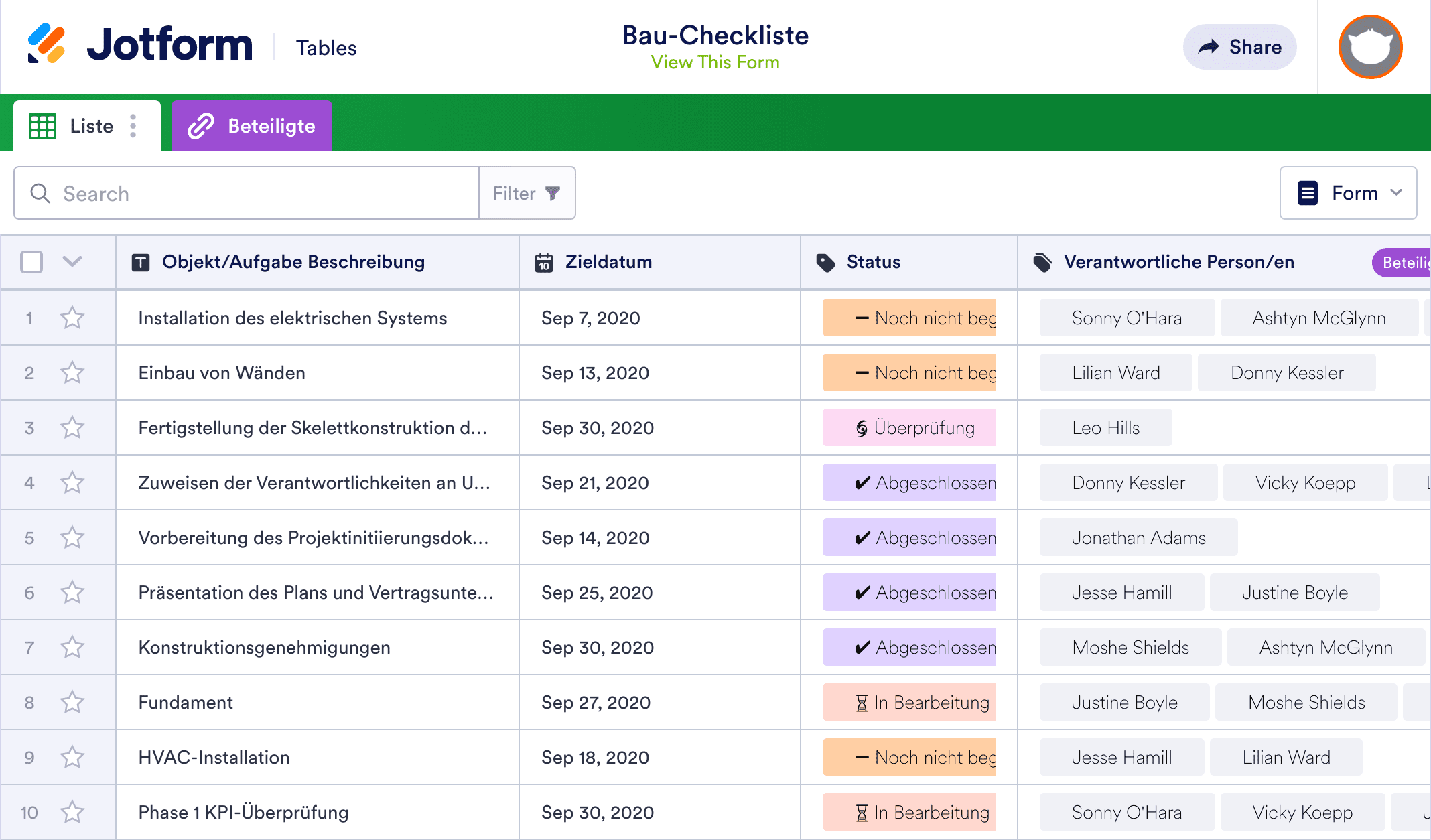 Bau-Checkliste Vorlage | Jotform Tables