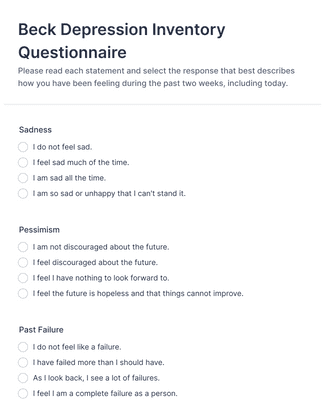 Beck Depression Inventory Questionnaire Form Template | Jotform