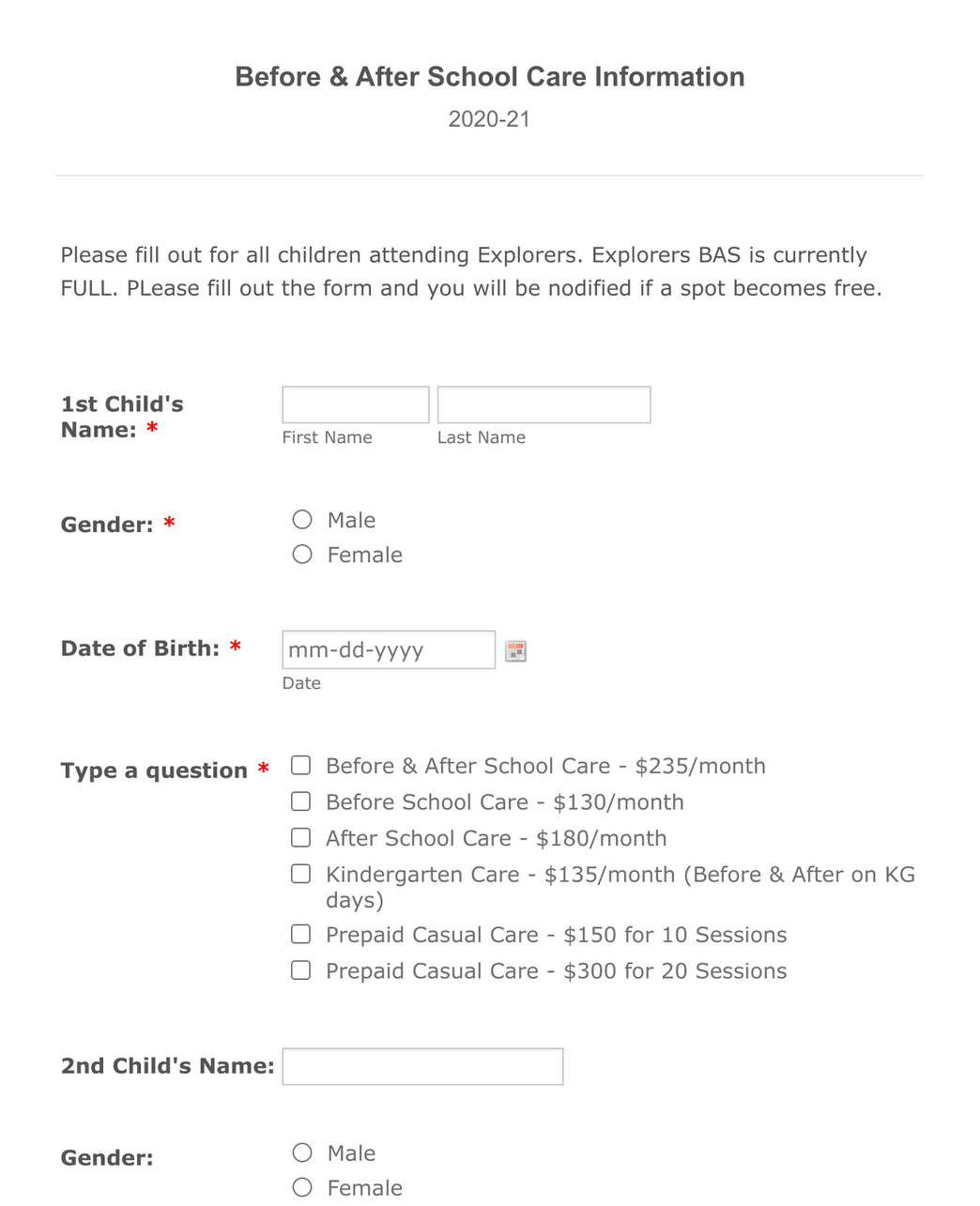 Before and After School Care Information Form Template | Jotform