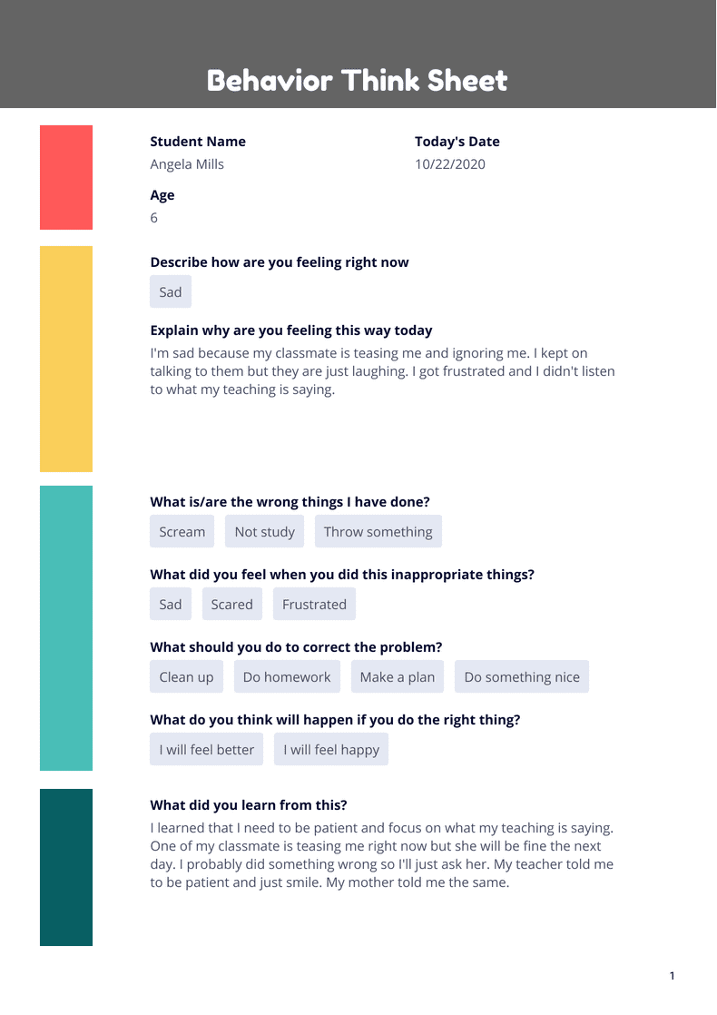 Behavior Think Sheet for Elementary Students - PDF Templates | Jotform