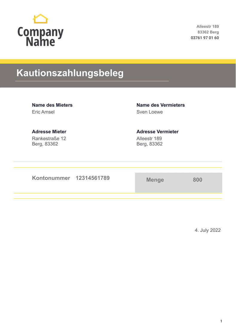 Beleg für Mietkaution Vorlage - PDF-Vorlagen | Jotform