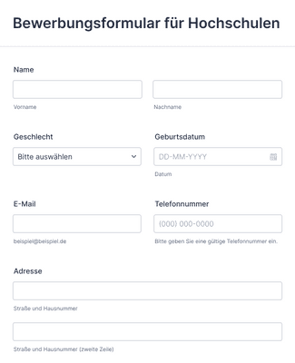 Bewerbungsformular für Hochschulen Formularvorlage | Jotform
