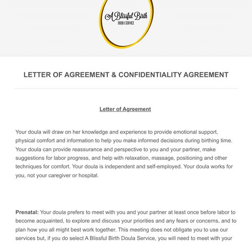 BIRTH DOULA LETTER OF AGREEMENT & CONFIDENTIALITY AGREEMENT Form ...