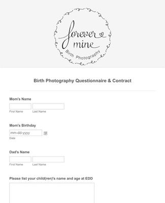 Birth Photography Questionnaire and Contract Form Template | Jotform