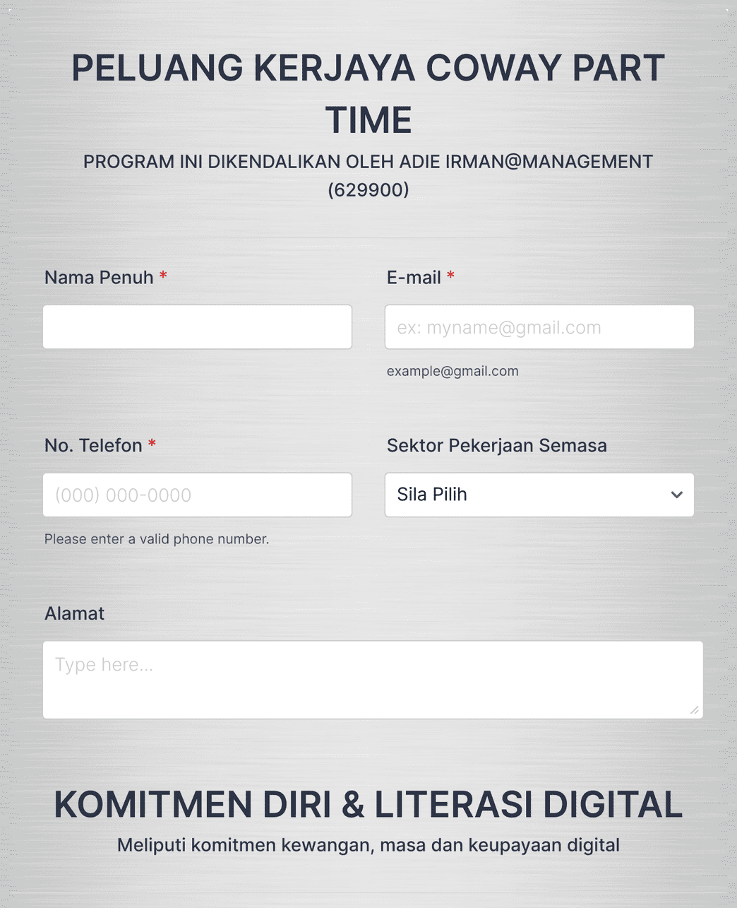 Borang e-Temuduga Agent Part Time Coway Form Template | Jotform