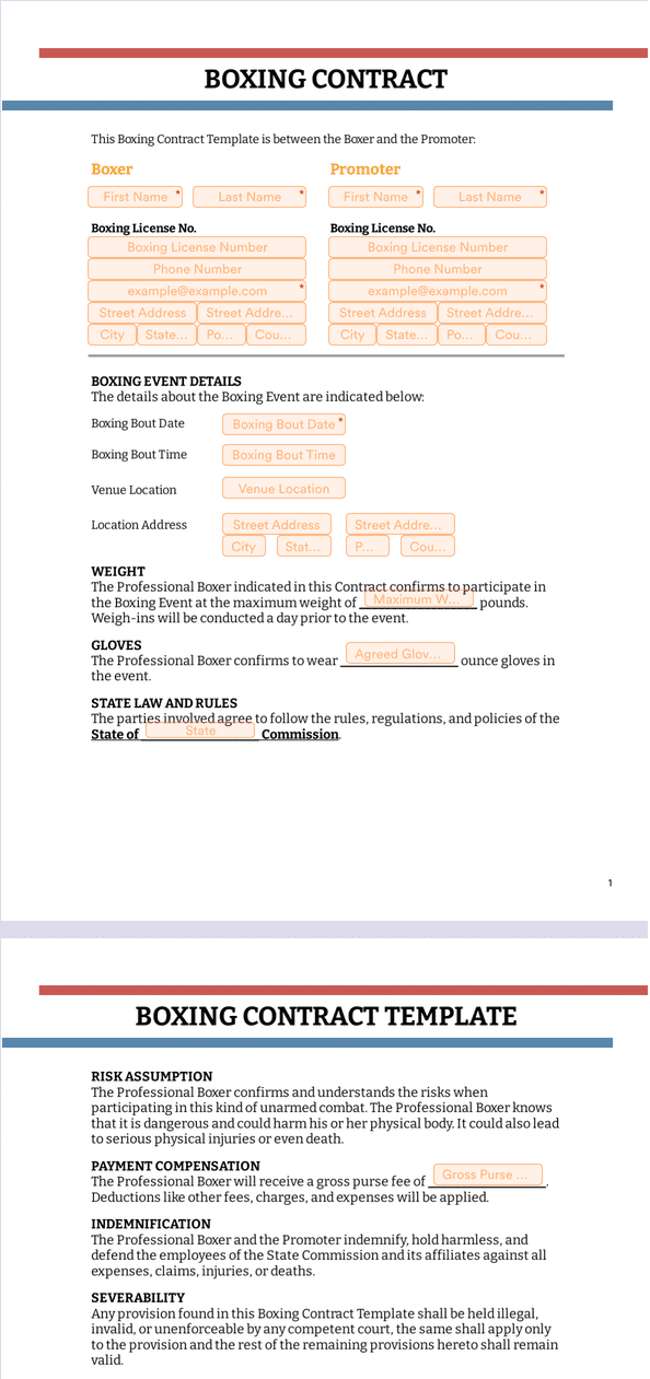 Boxing Contract Template Sign Templates Jotform