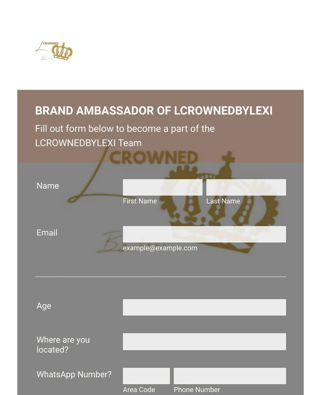 BRAND AMBASSADOR OF LCROWNEDBYLEXI Form Template | Jotform