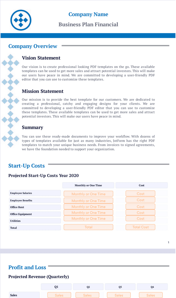 Business Plan Financial Template Sign Templates Jotform