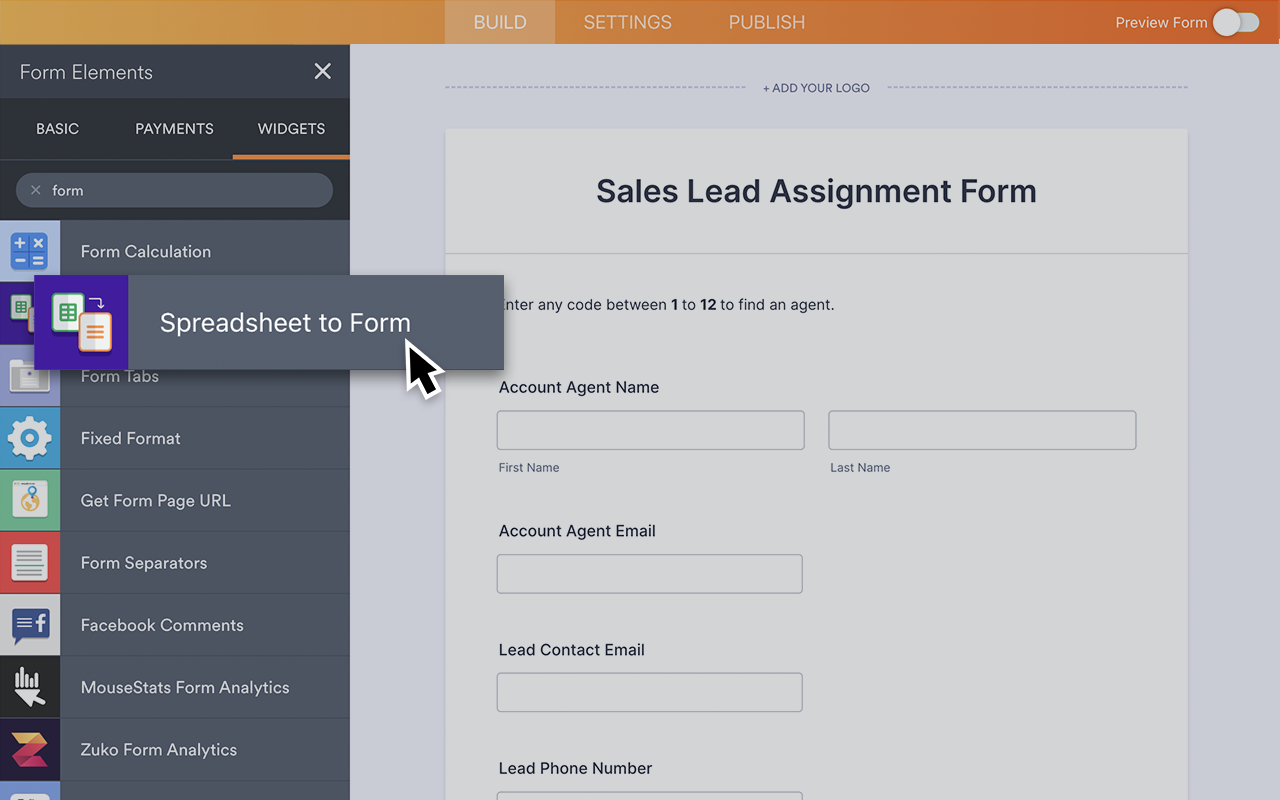 Spreadsheet to Form - Form Widgets | Jotform