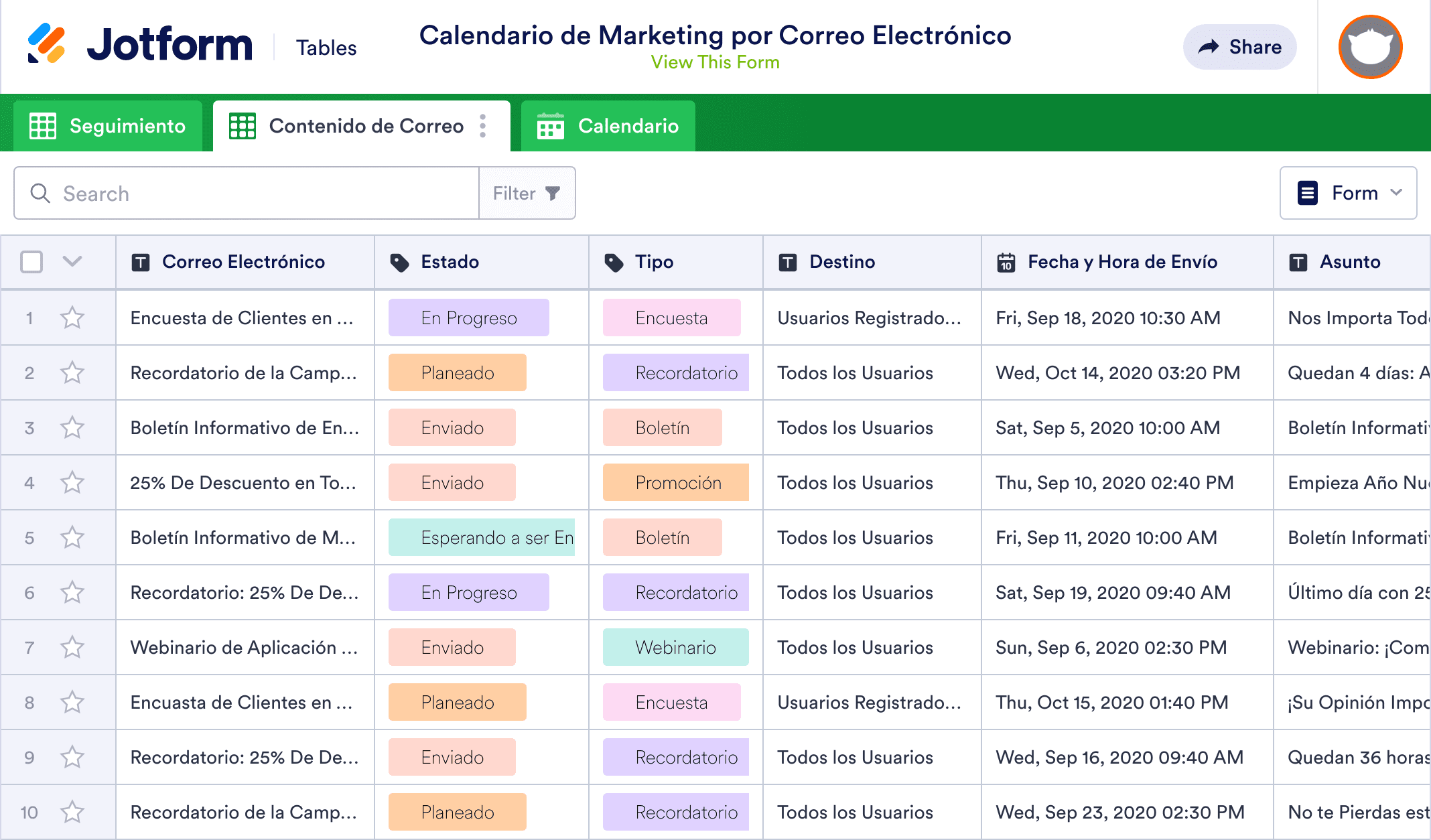 Calendario de Marketing por correo Electrónico Plantilla | Jotform Tables