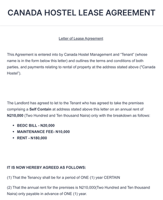Canada Hostel Lease Agreement Form Template | Jotform