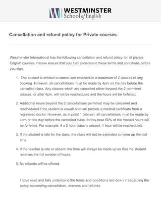 Cancellation and refund policy for Private courses Form Template | Jotform