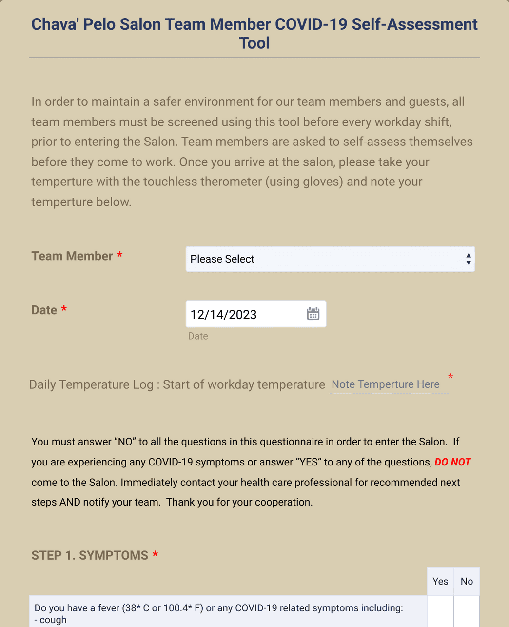 Chava' Pelo Salon Team Member COVID-19 Self-Assessment Form Template | Jotform