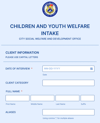 CHILDREN AND YOUTH WELFARE INTAKE Form Template | Jotform