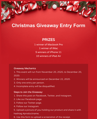 Christmas Giveaway Entry Form Template | Jotform