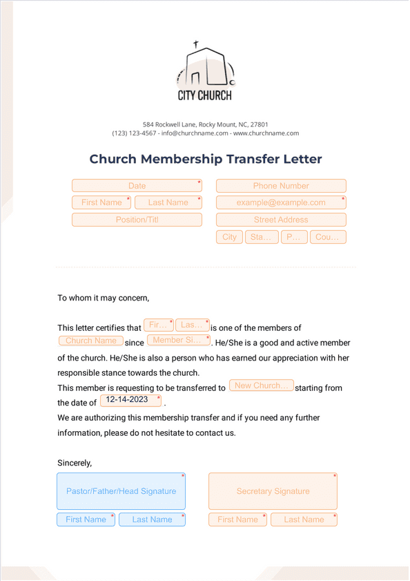 Church Membership Transfer Letter - Sign Templates | Jotform