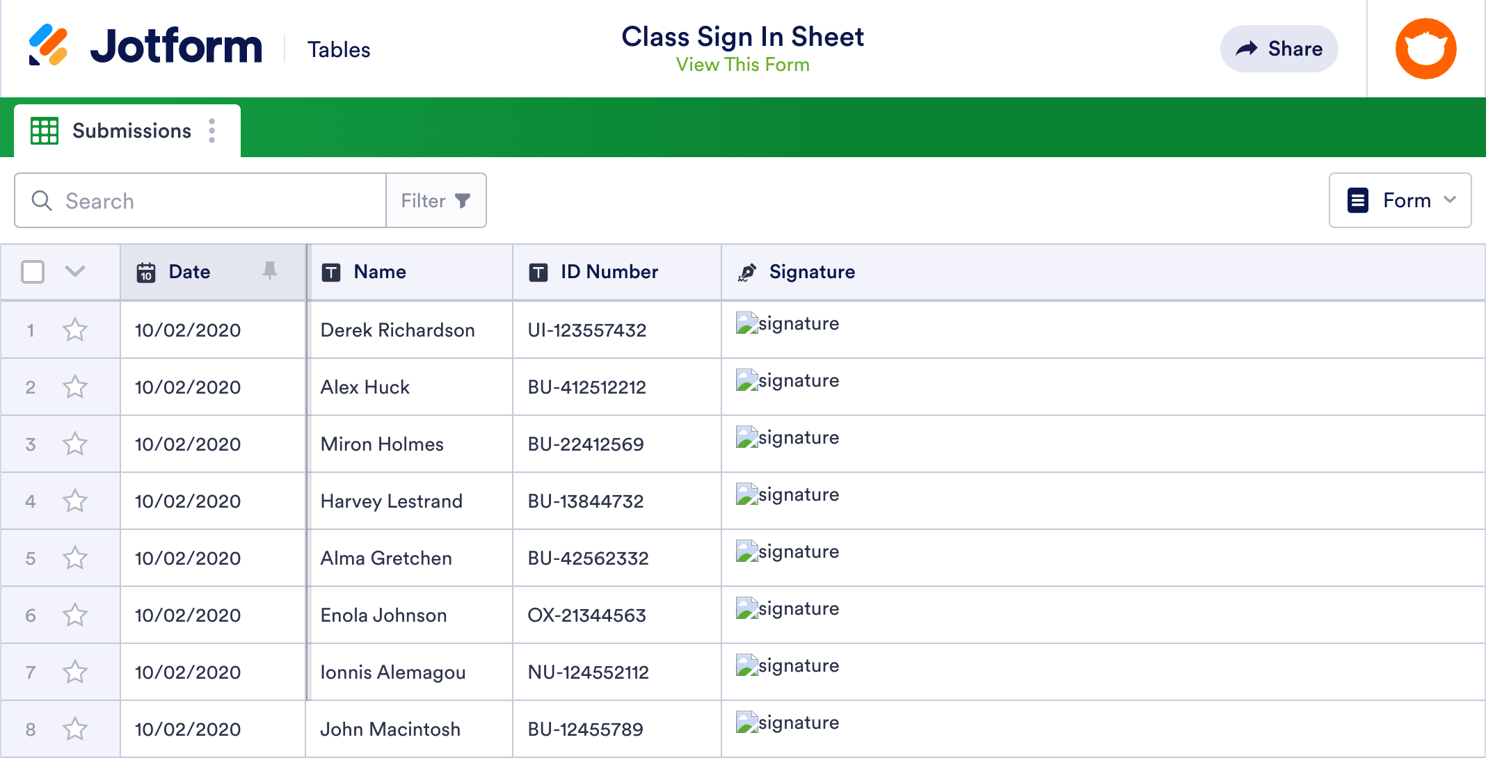 Class Sign In Sheet Template | Jotform Tables