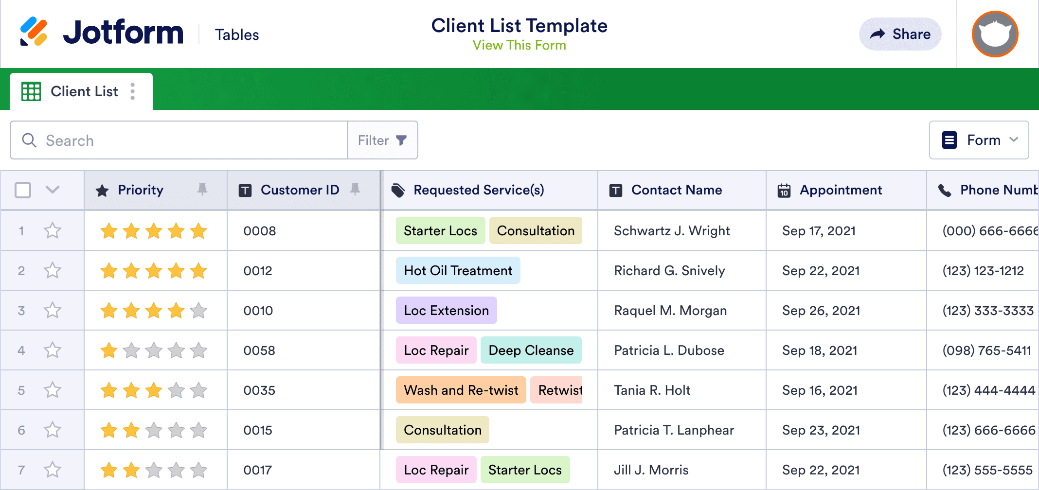 Client List Template Jotform Tables