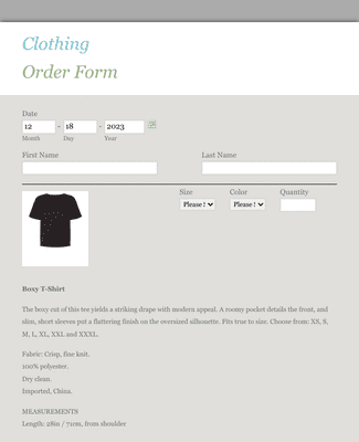 Clothing Order Form Template | Jotform